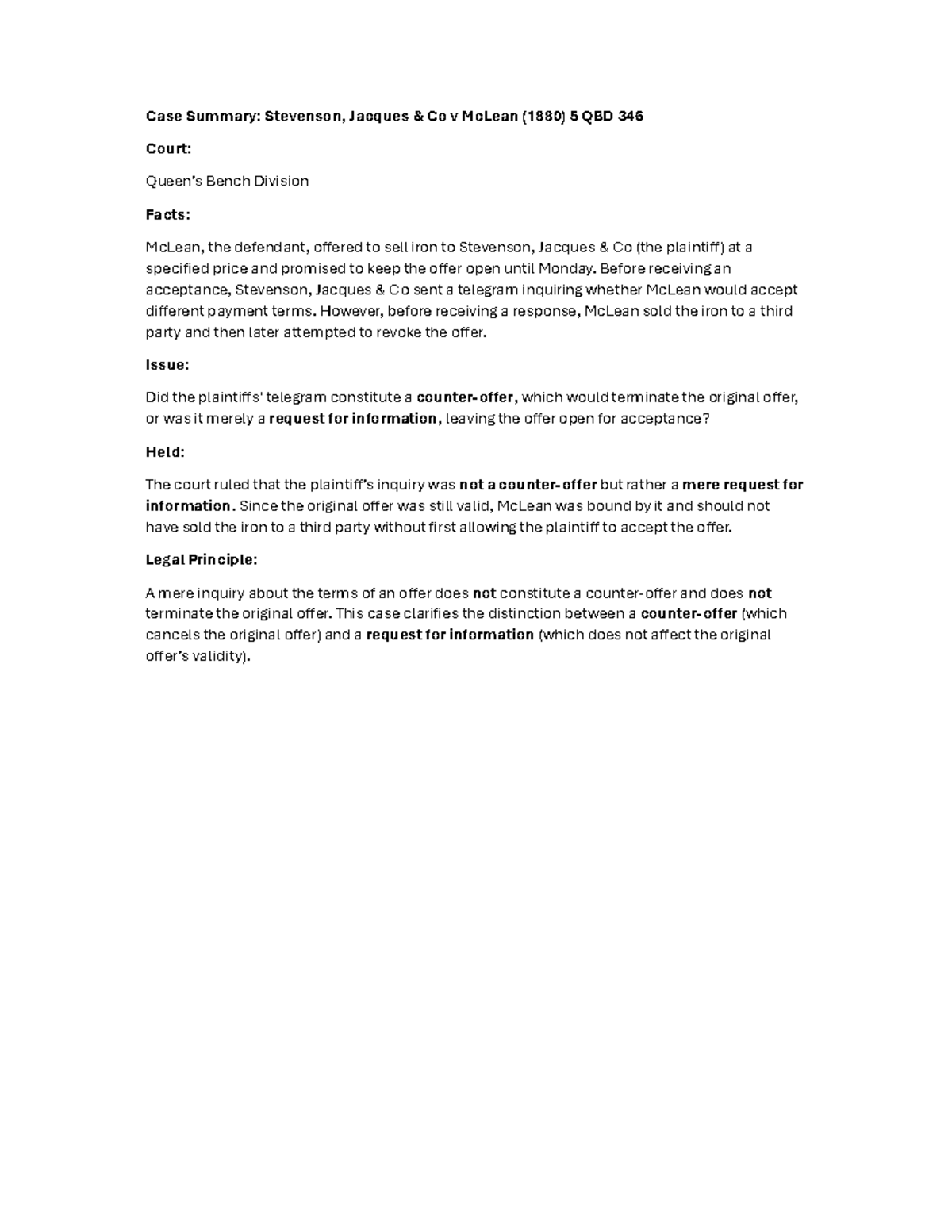 Jacques & Co v Mc Lean (1880) 5 QBD 346 - Case Summary: Stevenson, Jacques & Co v McLean (1880 ...