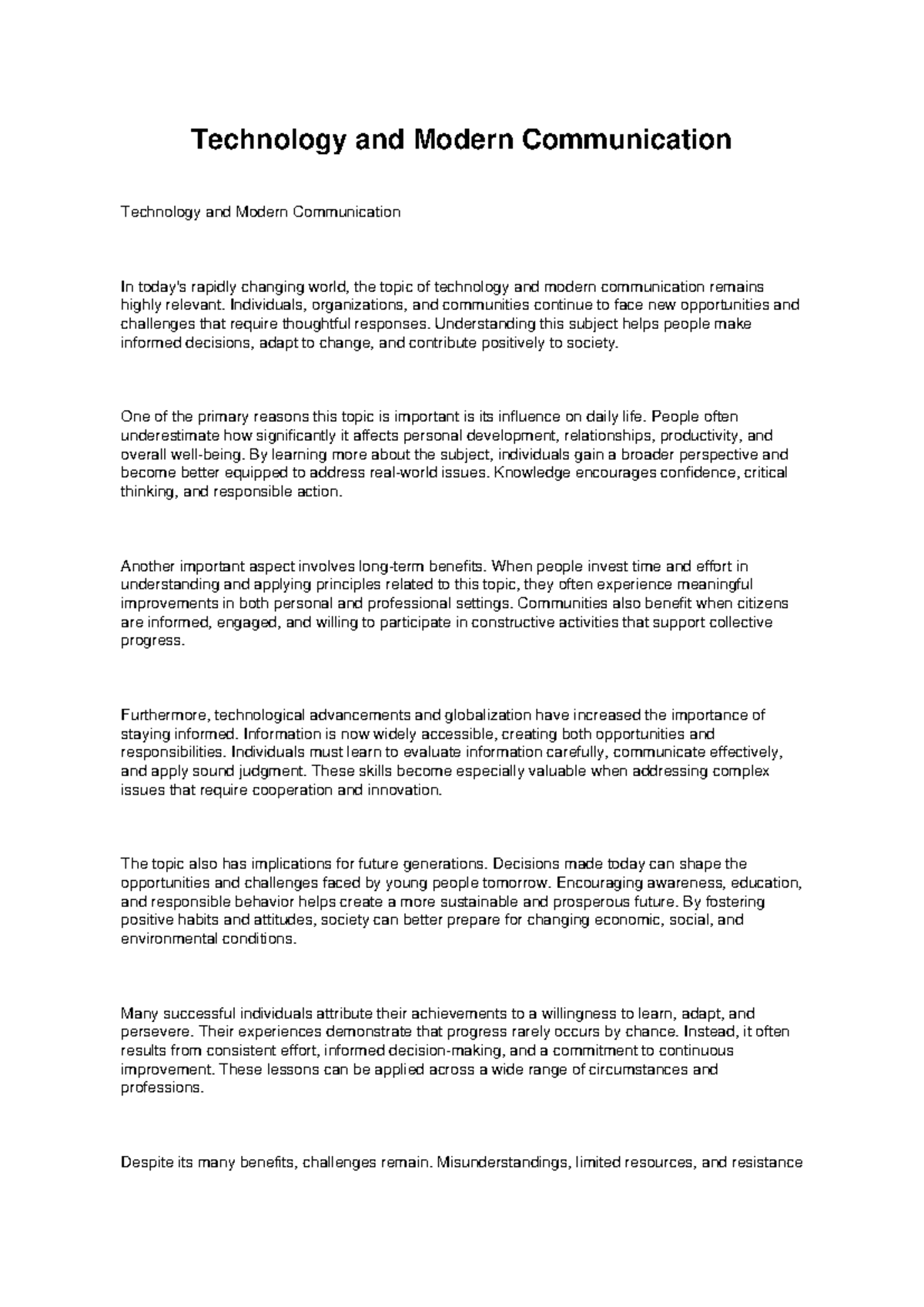 Technology and Modern Communication: Impacts and Insights (Essay 2 ...