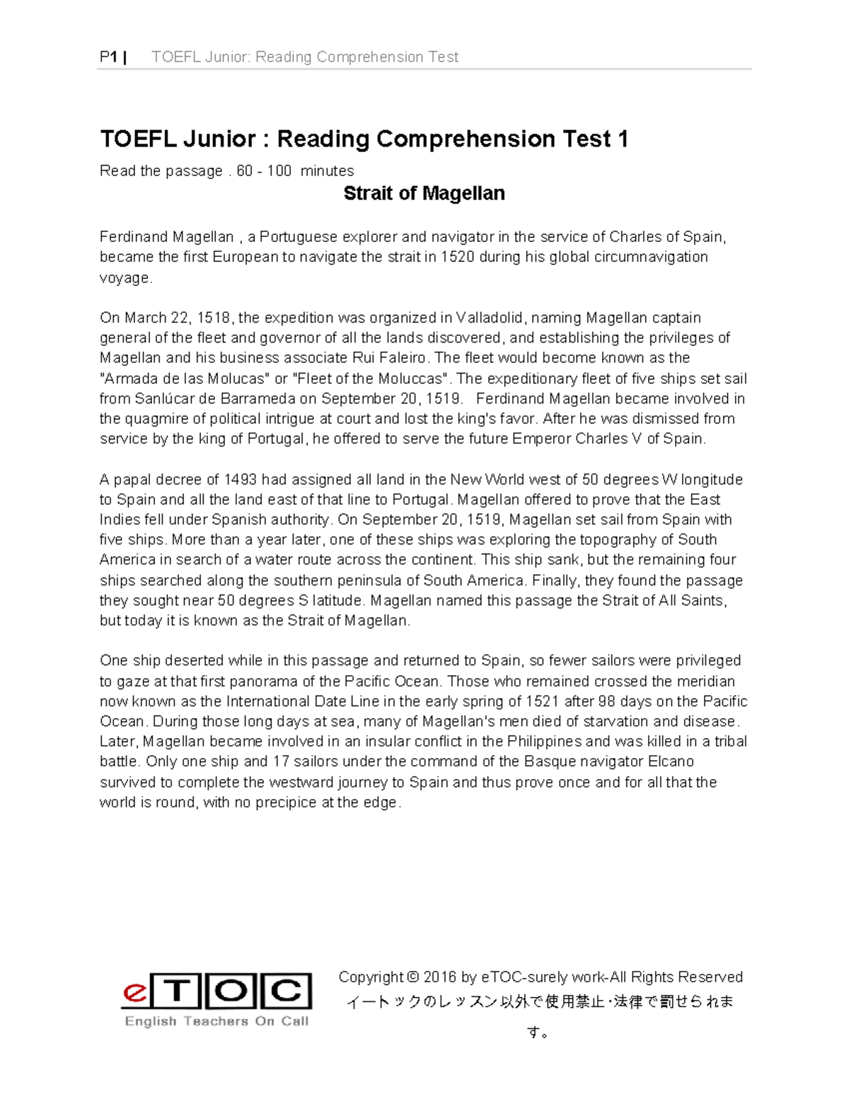 TOEFL Junior: Reading Comprehension Test 1 - Magellan's Voyage - Studocu