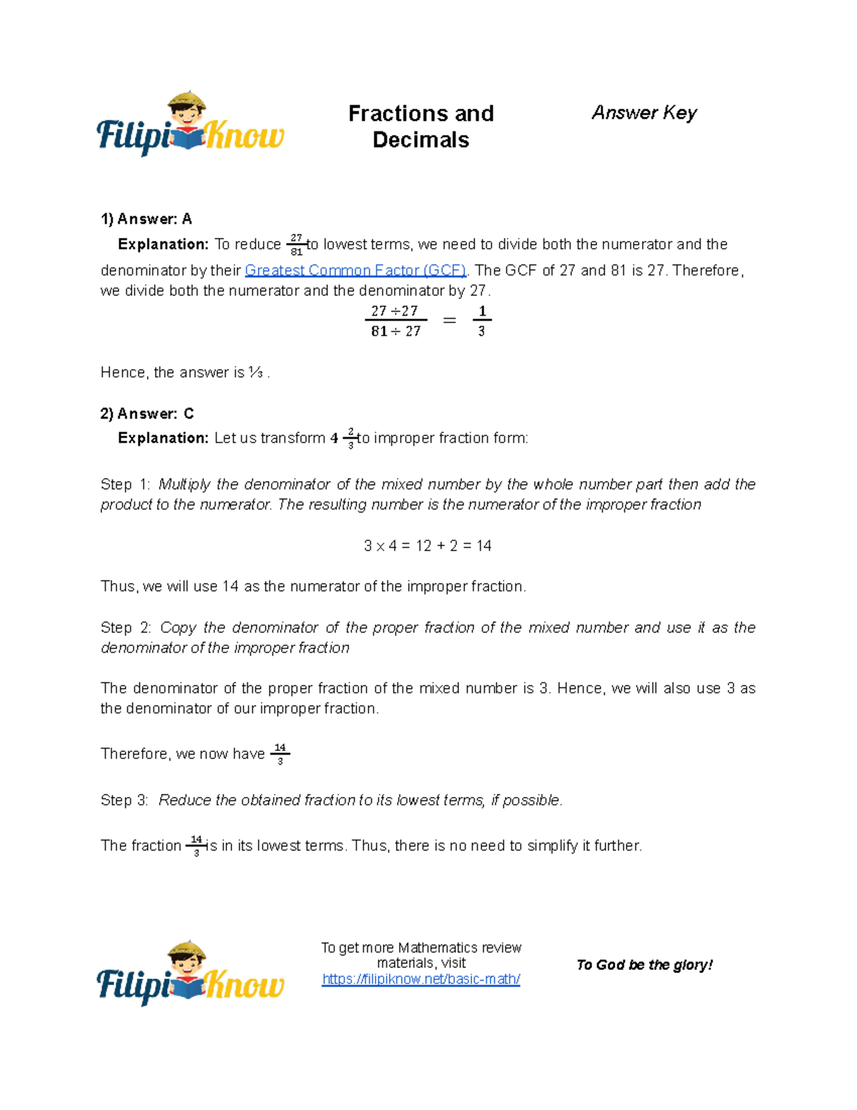 Fractions and Decimals Answer Key - Fractions and Decimals Answer Key 1) Answer: A Explanation ...