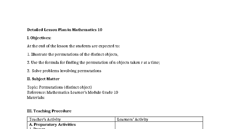 Detailed Lesson Plan on Permutations for Math 10 (COT) - Studocu