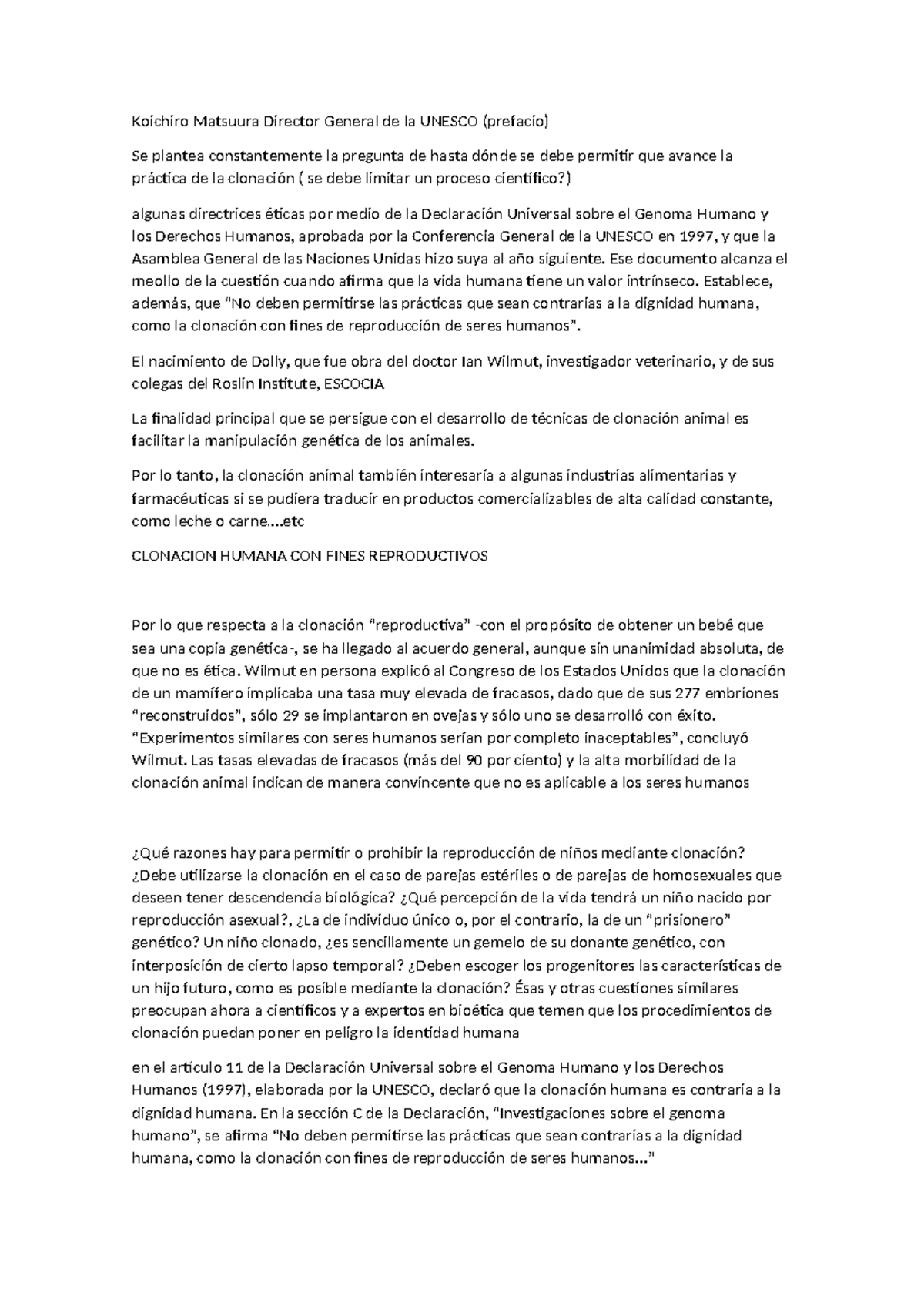 Extractos sobre Clonación Humana y Ética (Curso: Ética 101) - Studocu