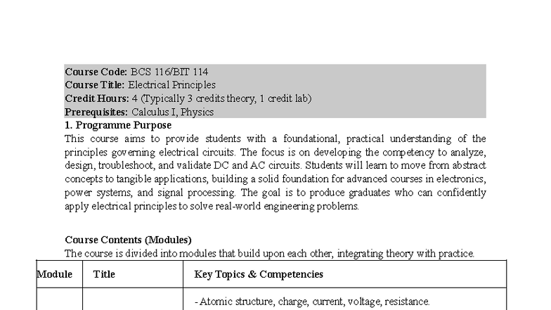 BCS 114 - Electrical Principles Course Outline and Key Topics - Studocu