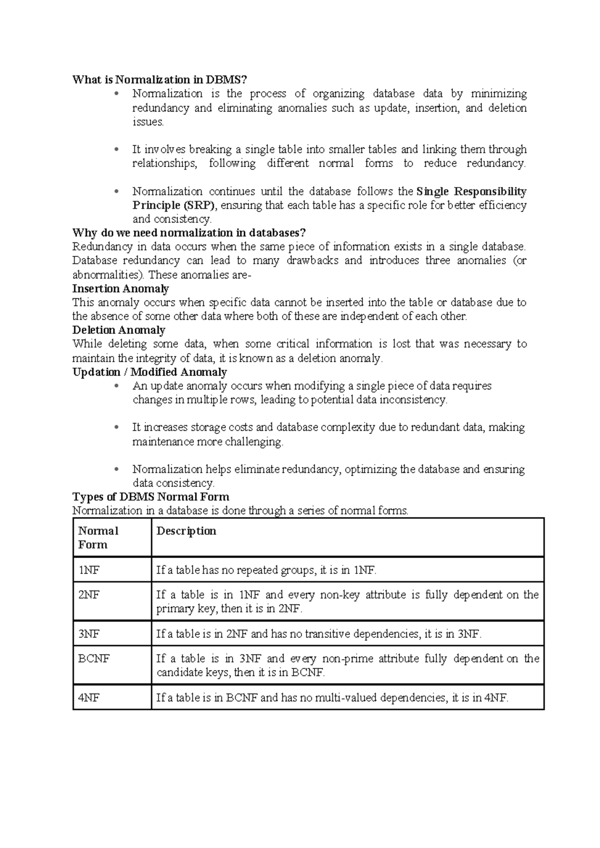 Normalization in DBMS: Understanding Data Organization and Efficiency - Studocu