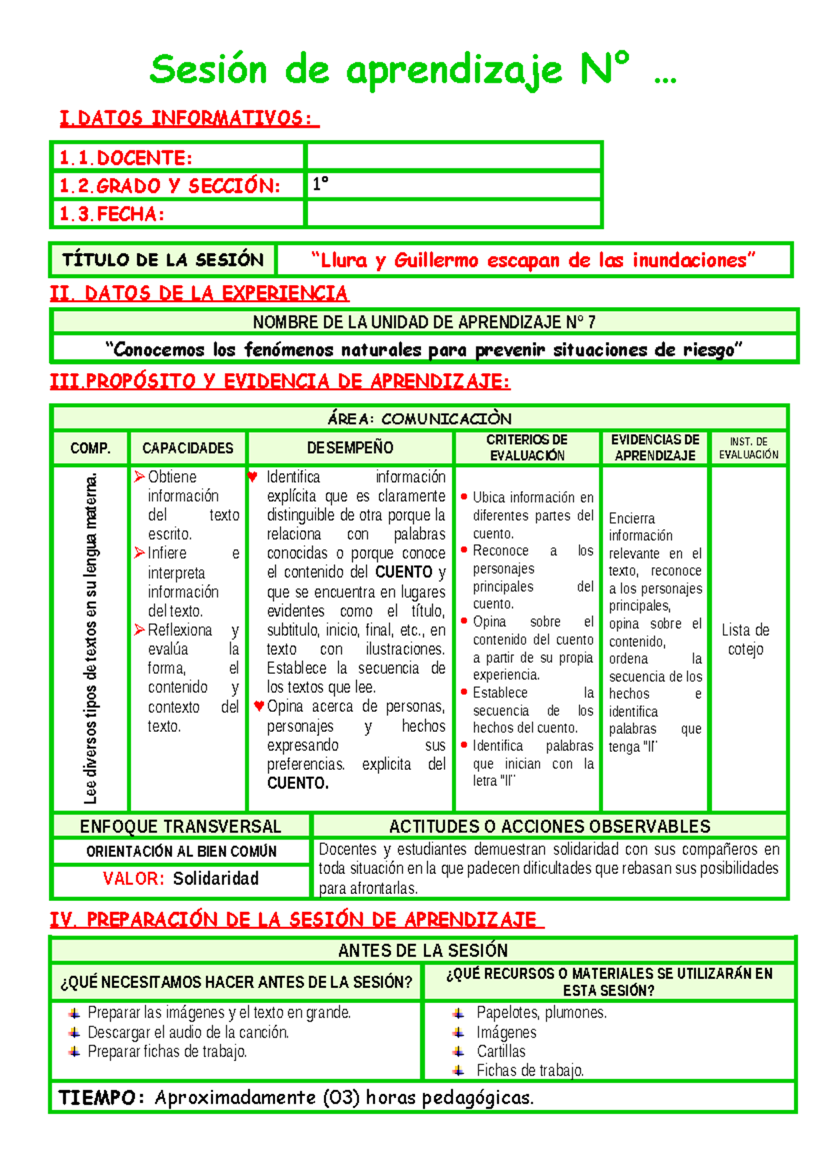 Sesión de Aprendizaje: Leemos "Llura y Guillermo Escapan" - Maestra ...