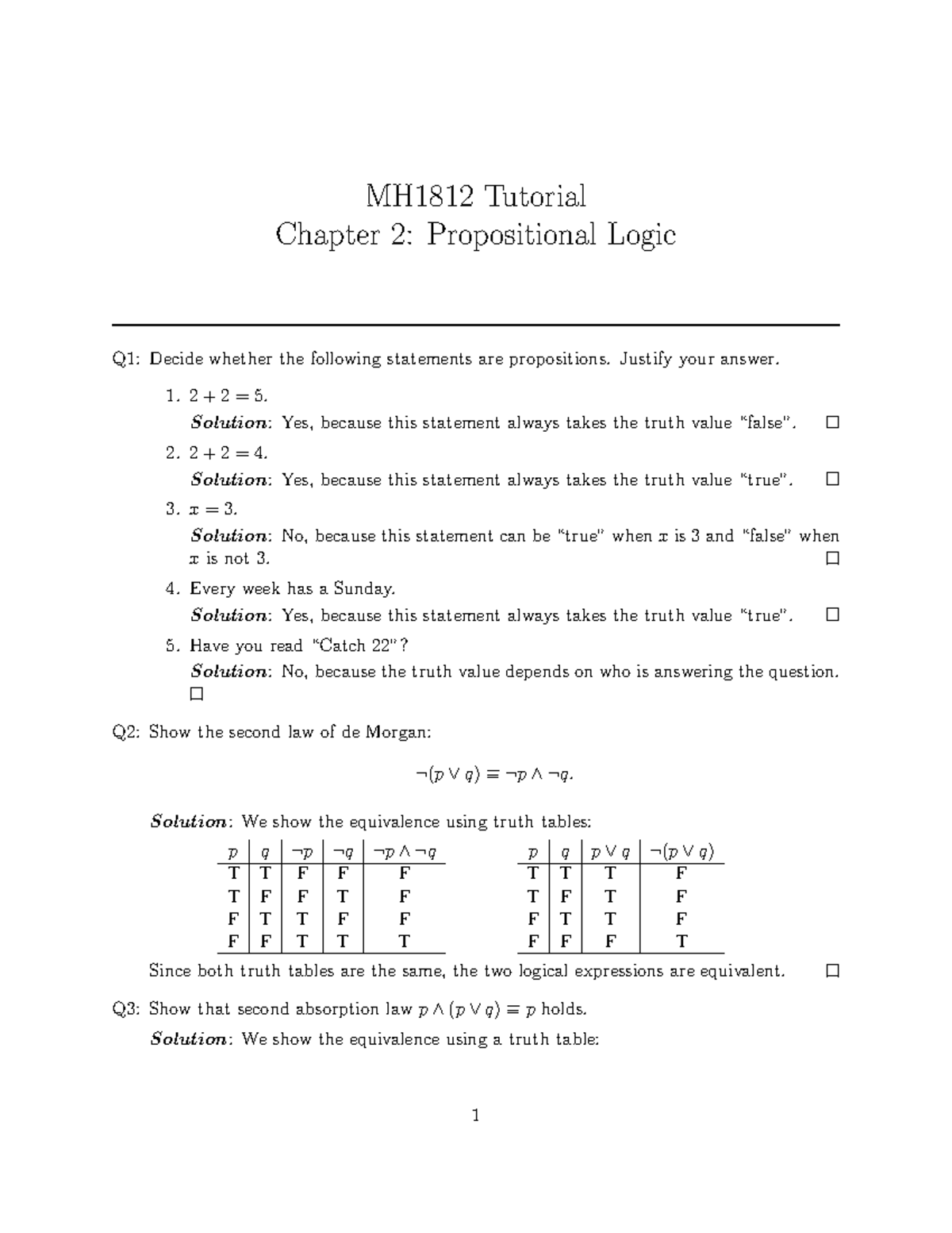 MH1812 Tutorial Chapter 2: Propositional Logic Solutions - Studocu