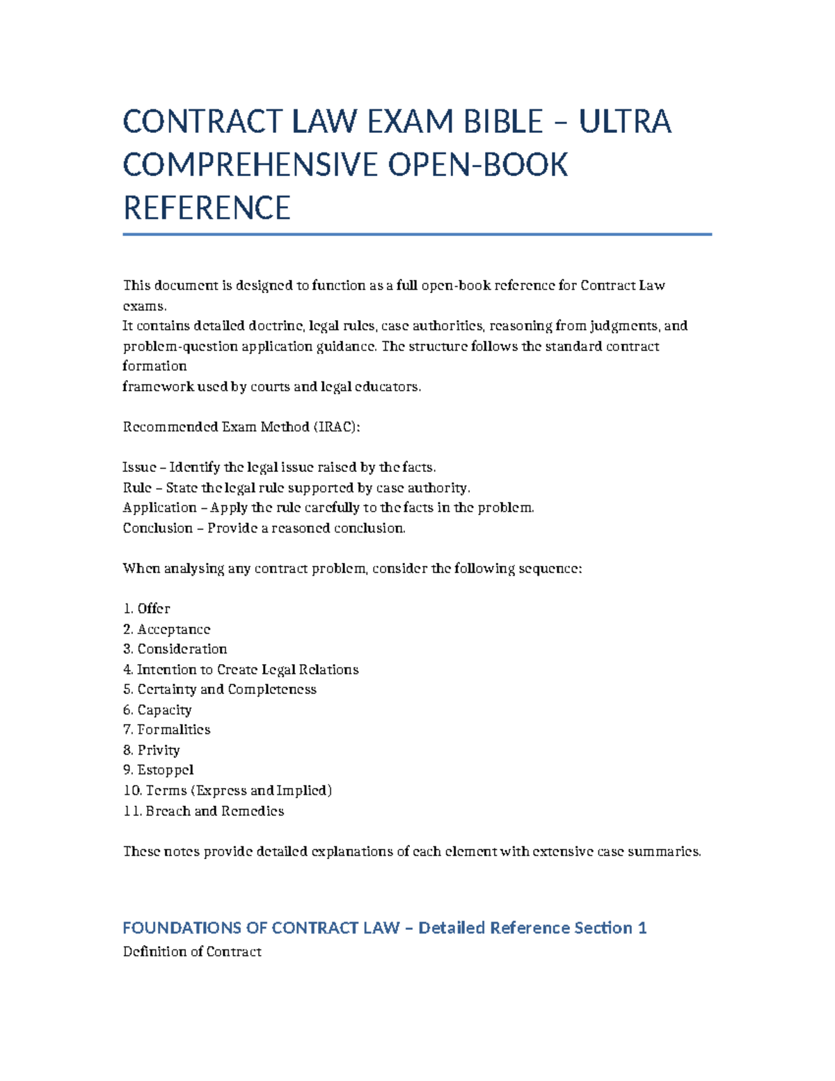 Contract Law Exam Notes (LAW101): Comprehensive Study Guide - Studocu