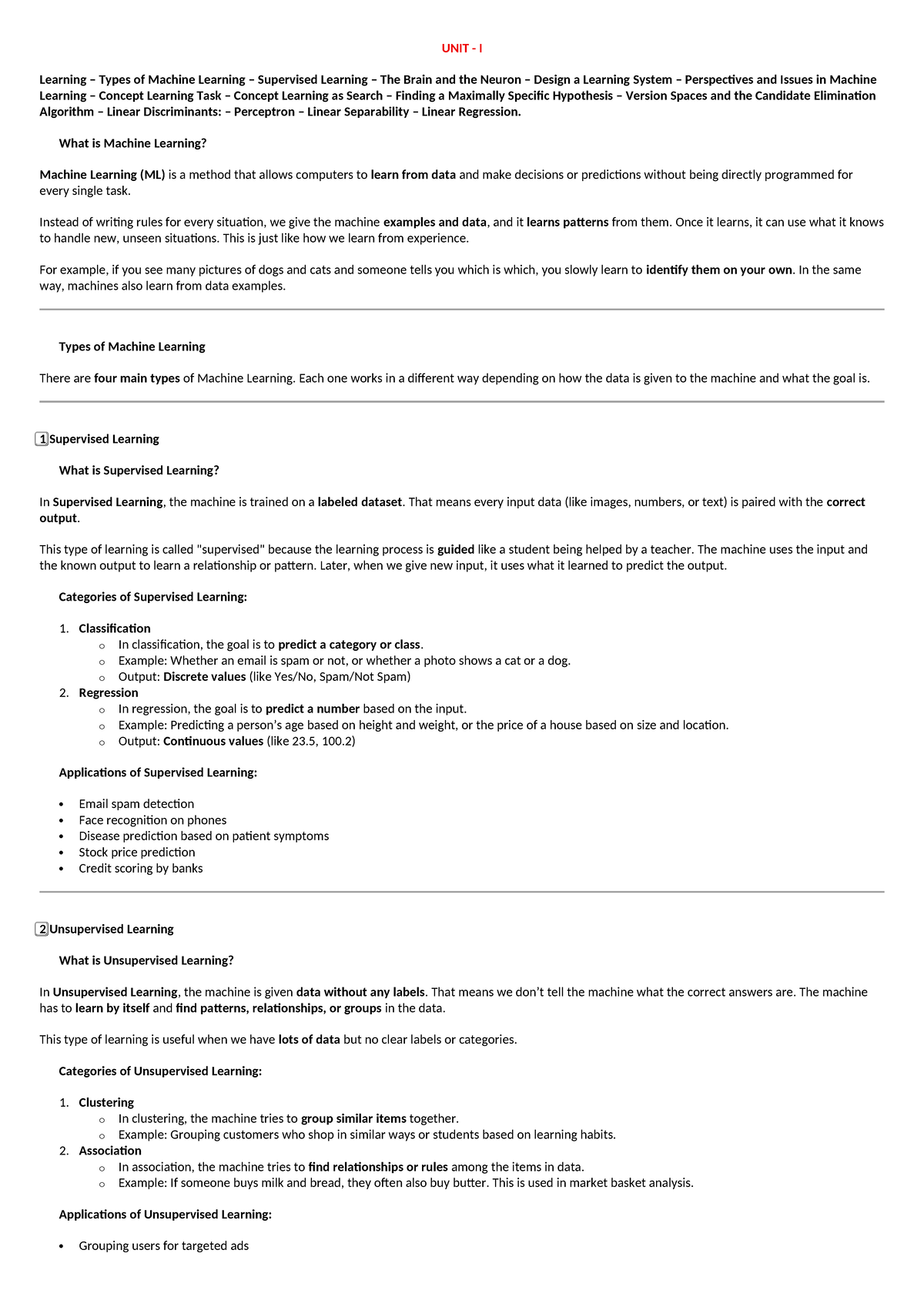 ML1 - Notes on Types of Machine Learning and Concept Learning - Studocu