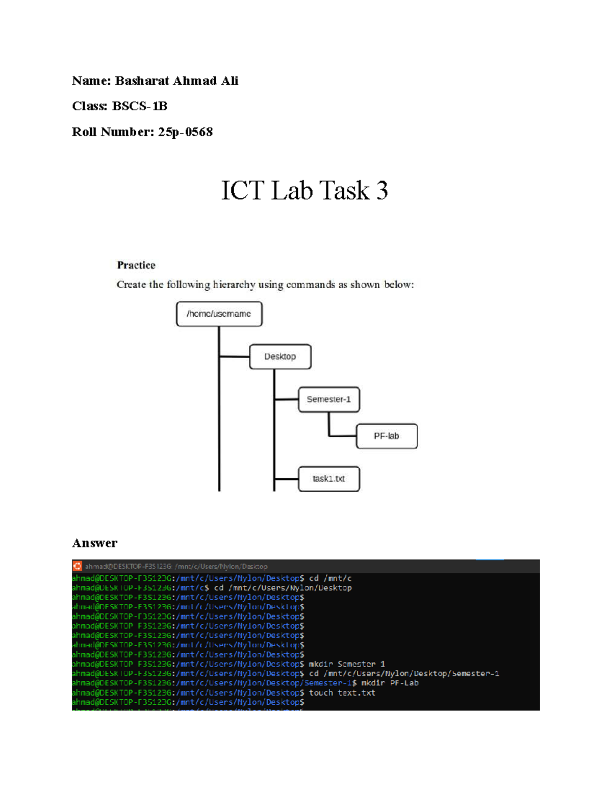 ICT TASK Linux - Questions - Information Technology - Name: Basharat Ahmad Ali Class: BSCS-1B ...