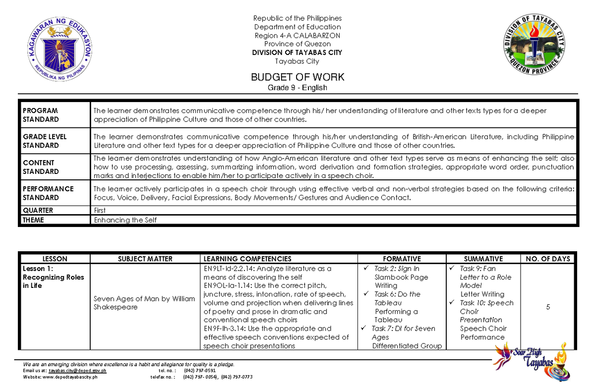 Grade 9 English Budget of Work for 1st Quarter Overview - Studocu