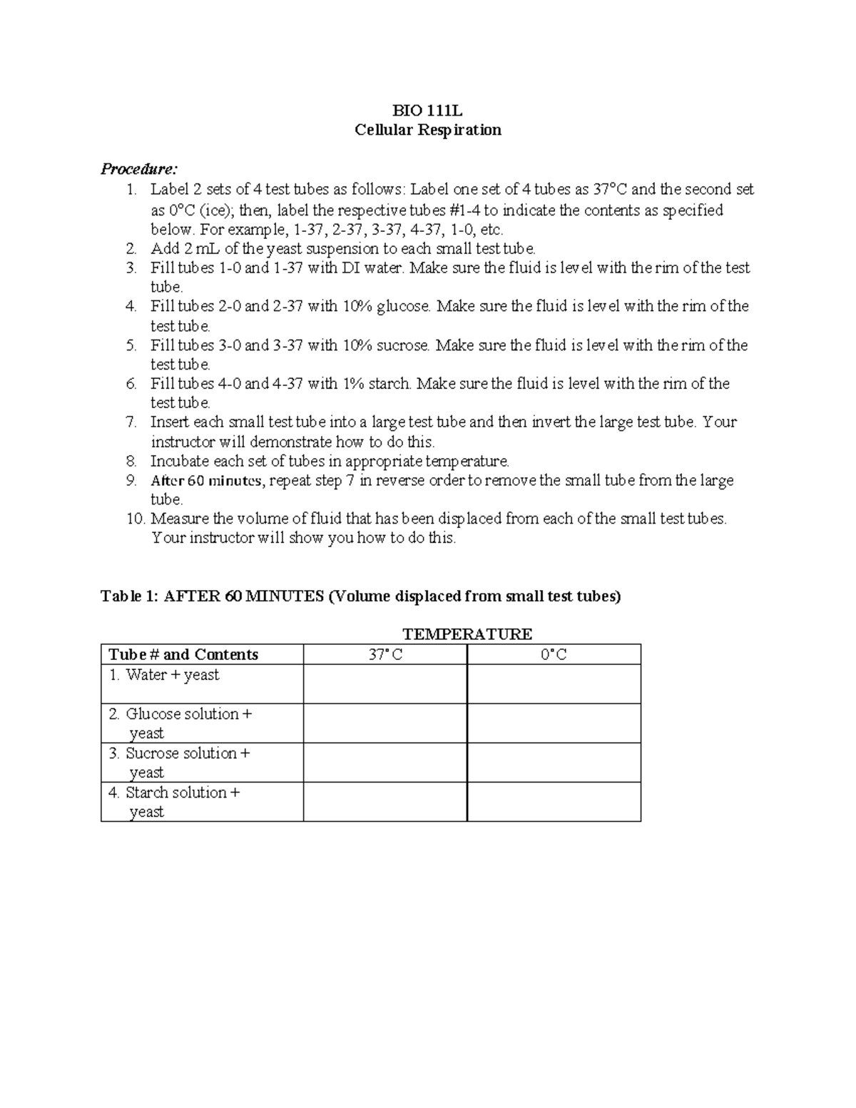 BIO 111L Cellular Respiration Lab: Yeast Activity & Temp Effects - Studocu