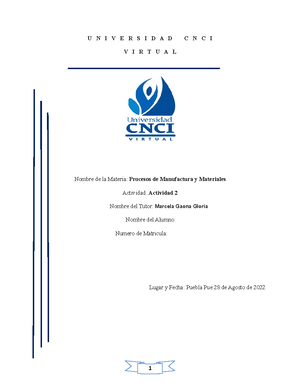 Proceso Y Manufactura DE Materiales ACT 1 - Procesos de manufactura y materiales Tutor: Omar ...