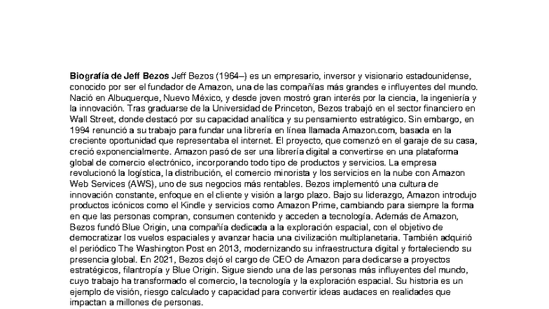 Biografía de Jeff Bezos: Innovación y Liderazgo Empresarial - Studocu