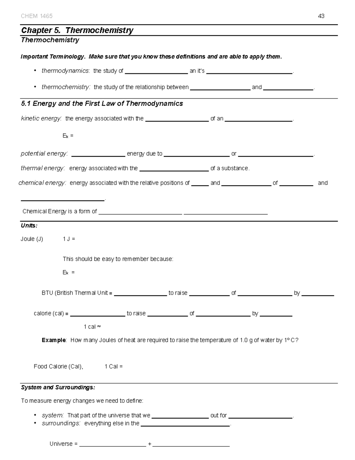 1465 Lecture Notes - Ch 5 Blank - CHEM 1465 43 Chapter 5 ...