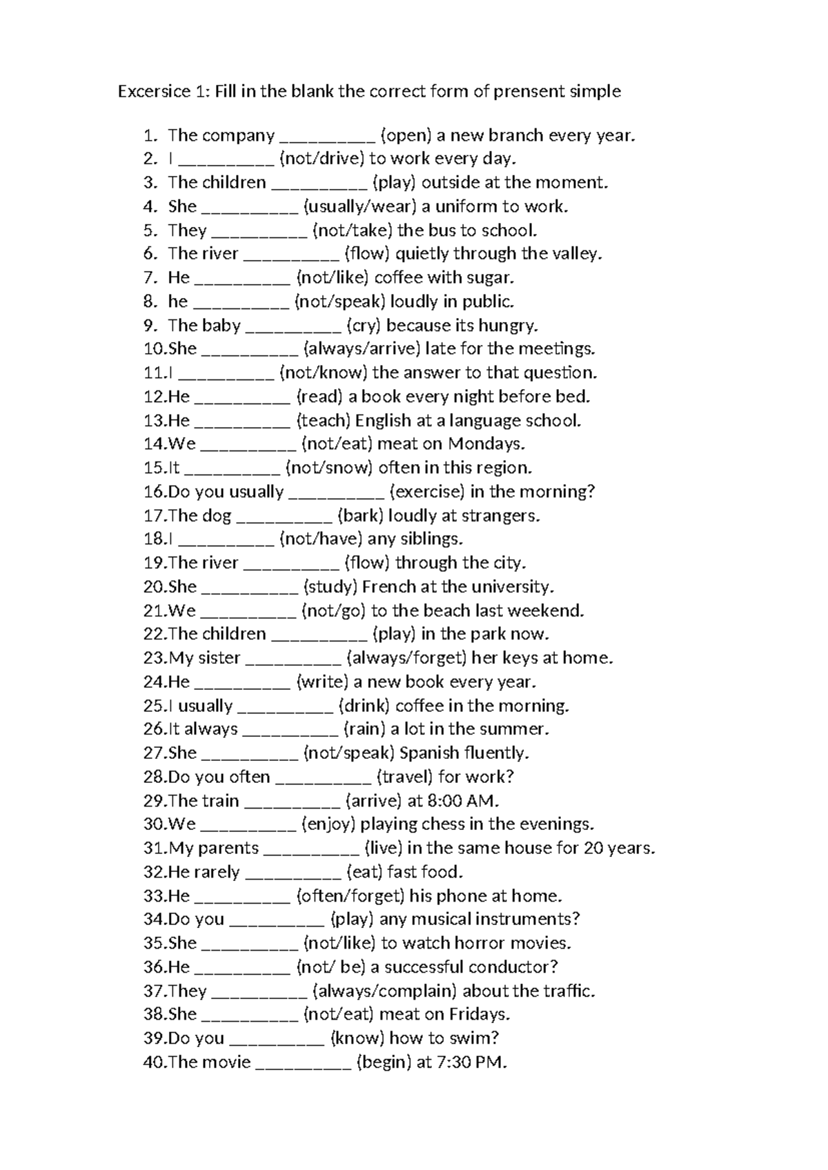 Present Simple Exercises: Fill in the Blanks & Sentence Formation - Studocu