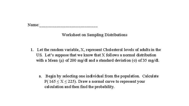 Worksheet on Sampling Distributions: Cholesterol Levels Analysis - Studocu