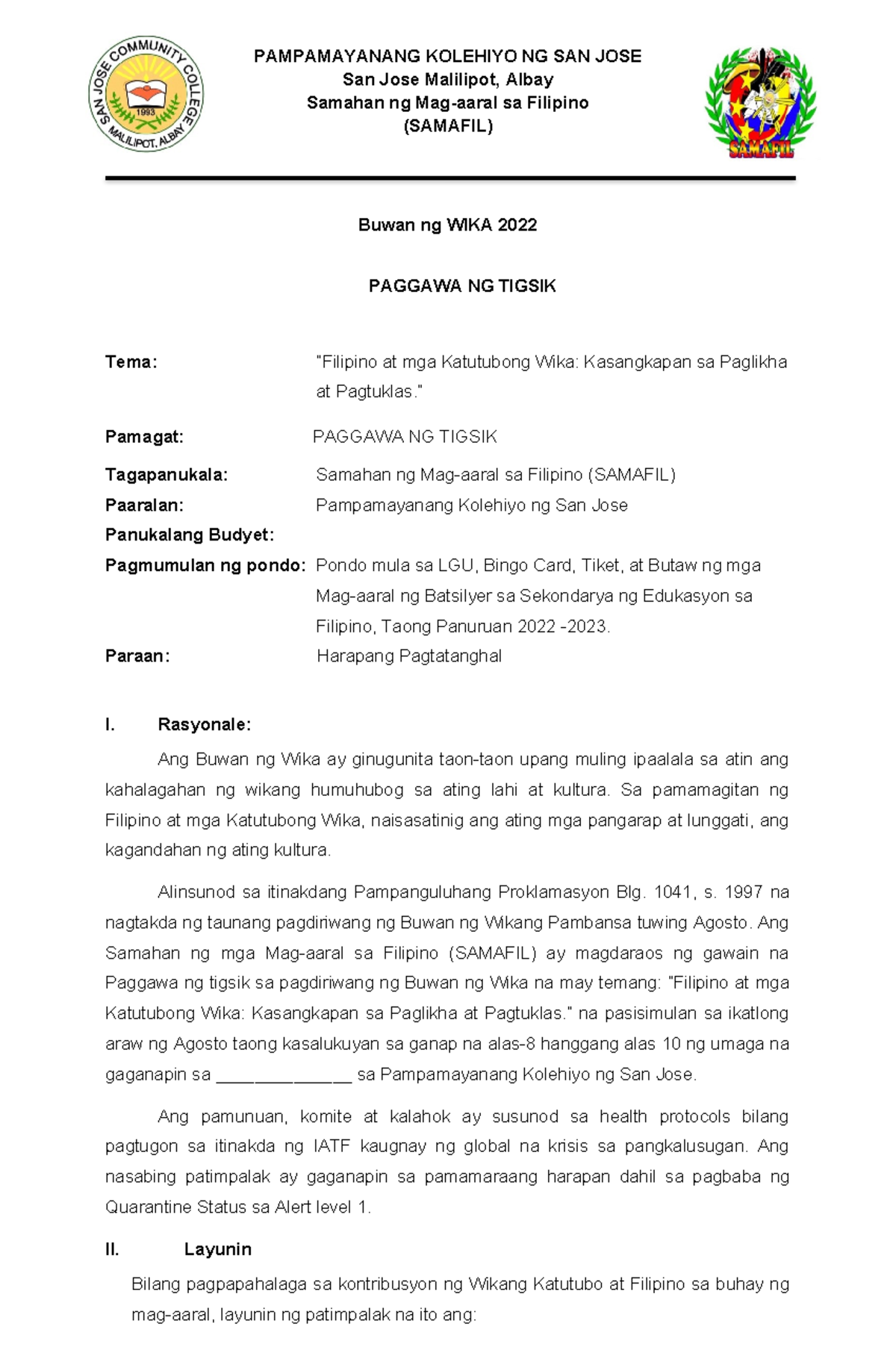 Panukalang Proyekto: Paggawa ng Tigsik para sa Buwan ng Wika 2022 - Studocu