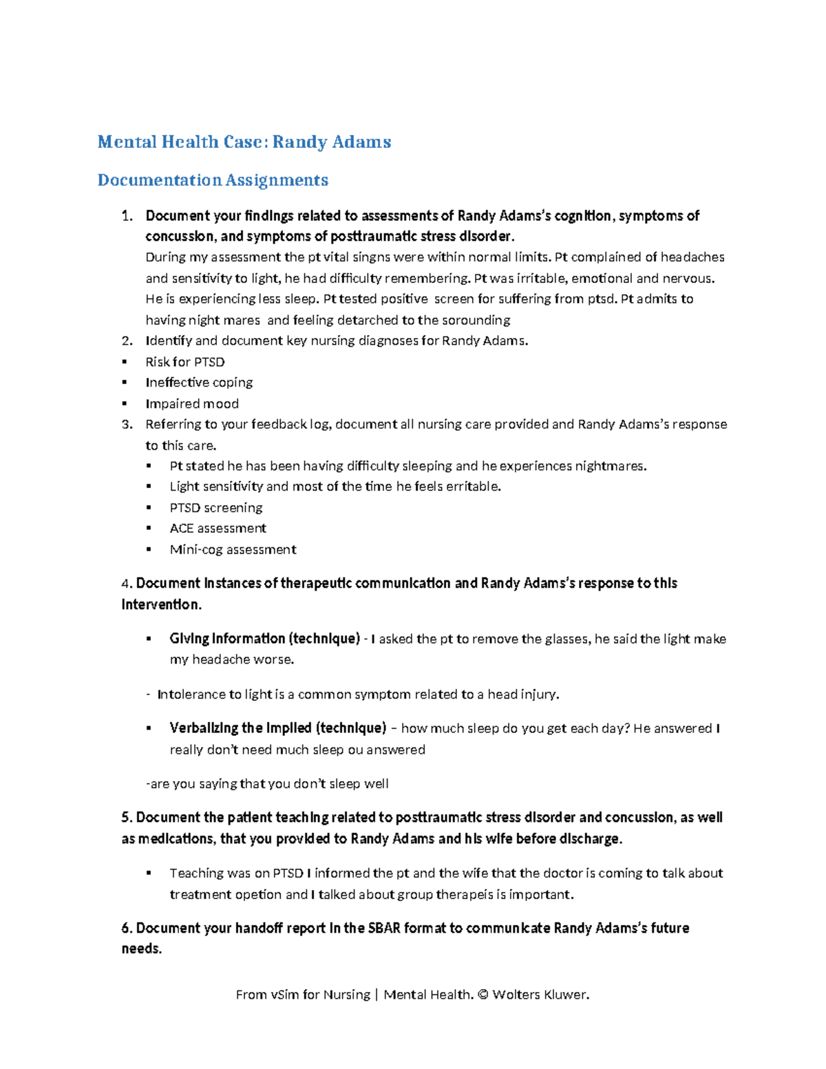 Mental Health Case Study: Randy Adams | vSim for Nursing Documentation ...