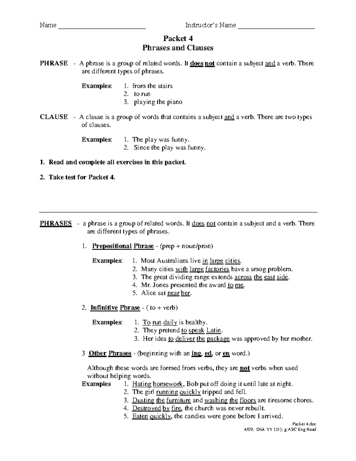 Packet 4: Understanding Phrases and Clauses in English - Studocu