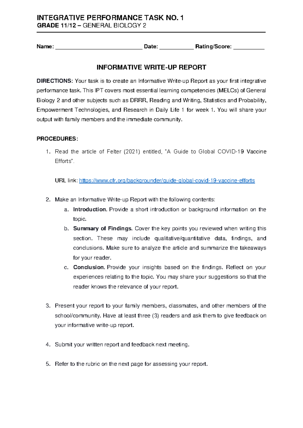 Gen Bio 2 Q3 Integrative Performance Task 1: Informative Write-Up Guide ...
