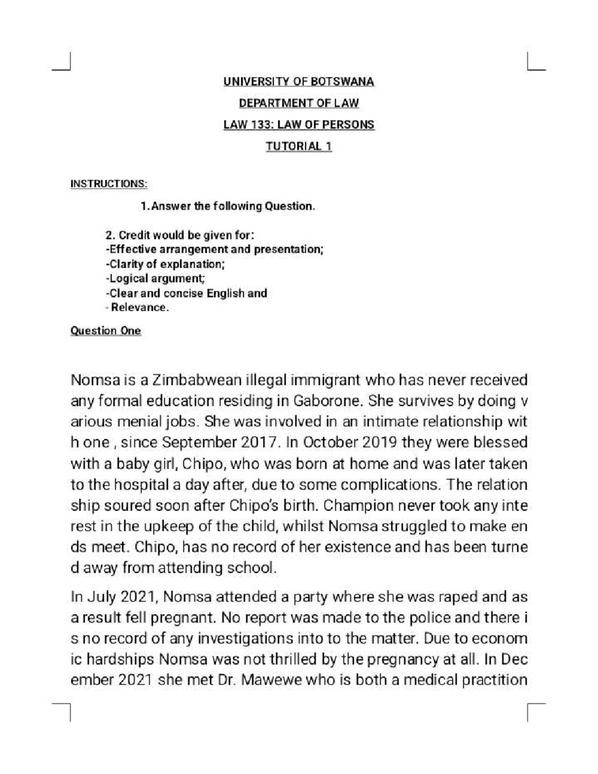 LAW 133: Law of Persons Tutorial 1 - Case Study on Nomsa's Situation ...