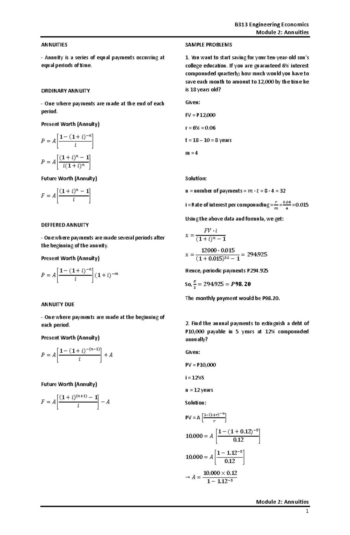 B313 Engineering Economics Module 2: Annuities Sample Problems - Studocu