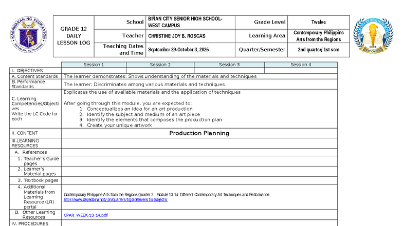 CPAR G12 Daily Lesson Log - Week 6 Activities and Objectives - Studocu