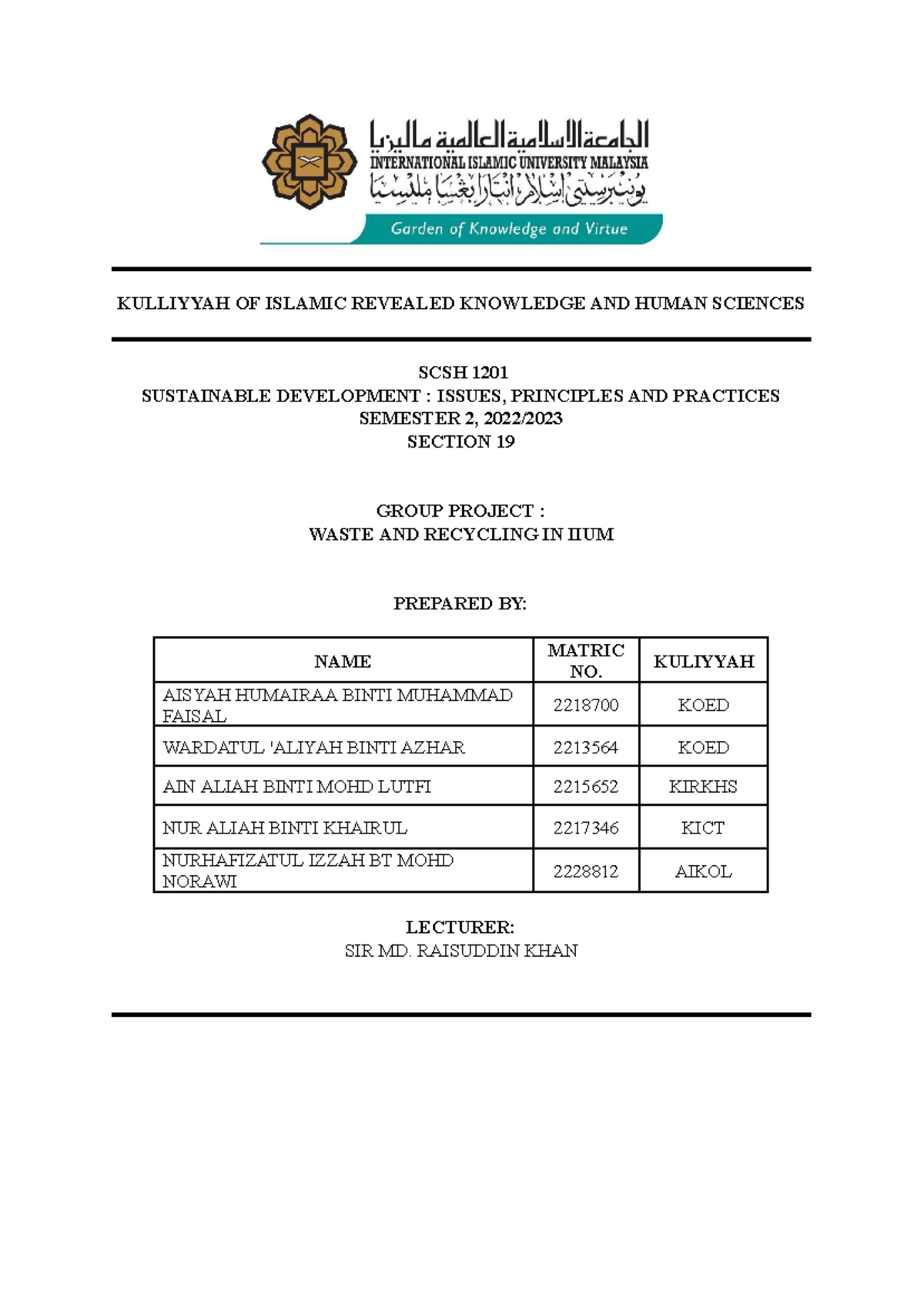 SCSH 1201 - Waste and Recycling Project Paper for IIUM Sustainability ...