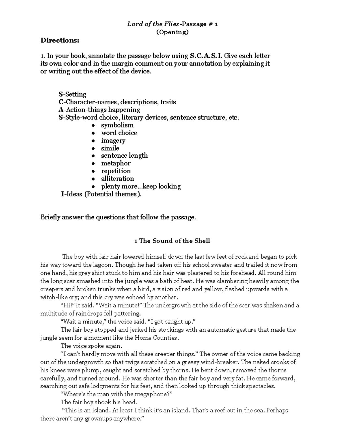 Lord of the Flies (LIT101) - Close Reading Analysis of Passage 1 - Studocu
