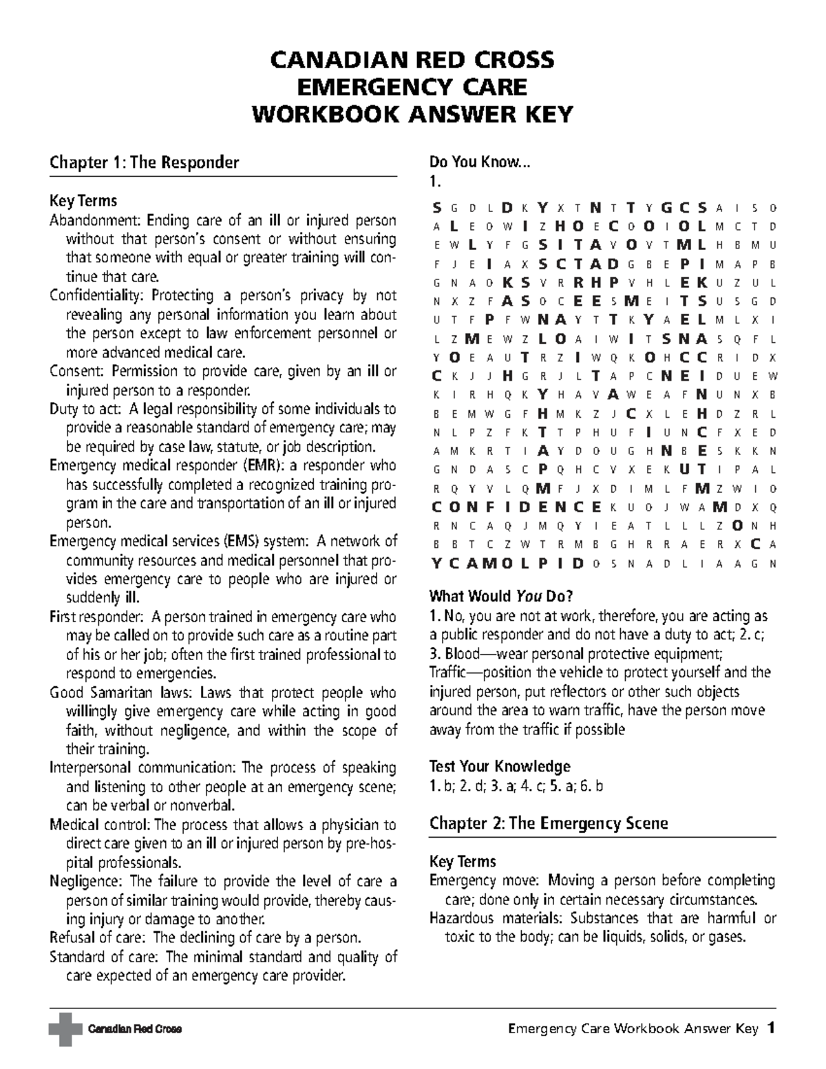 CANADIAN RED CROSS EMERGENCY CARE WORKBOOK ANSWER KEY - Chapter 1 ...