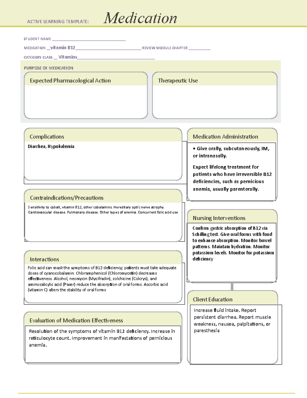 Vitamin B12 Medication Review: Active Learning Template - Studocu