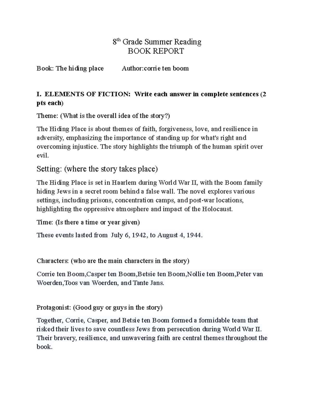Book Report - The Hiding Place (8th Grade Summer Reading) - Studocu