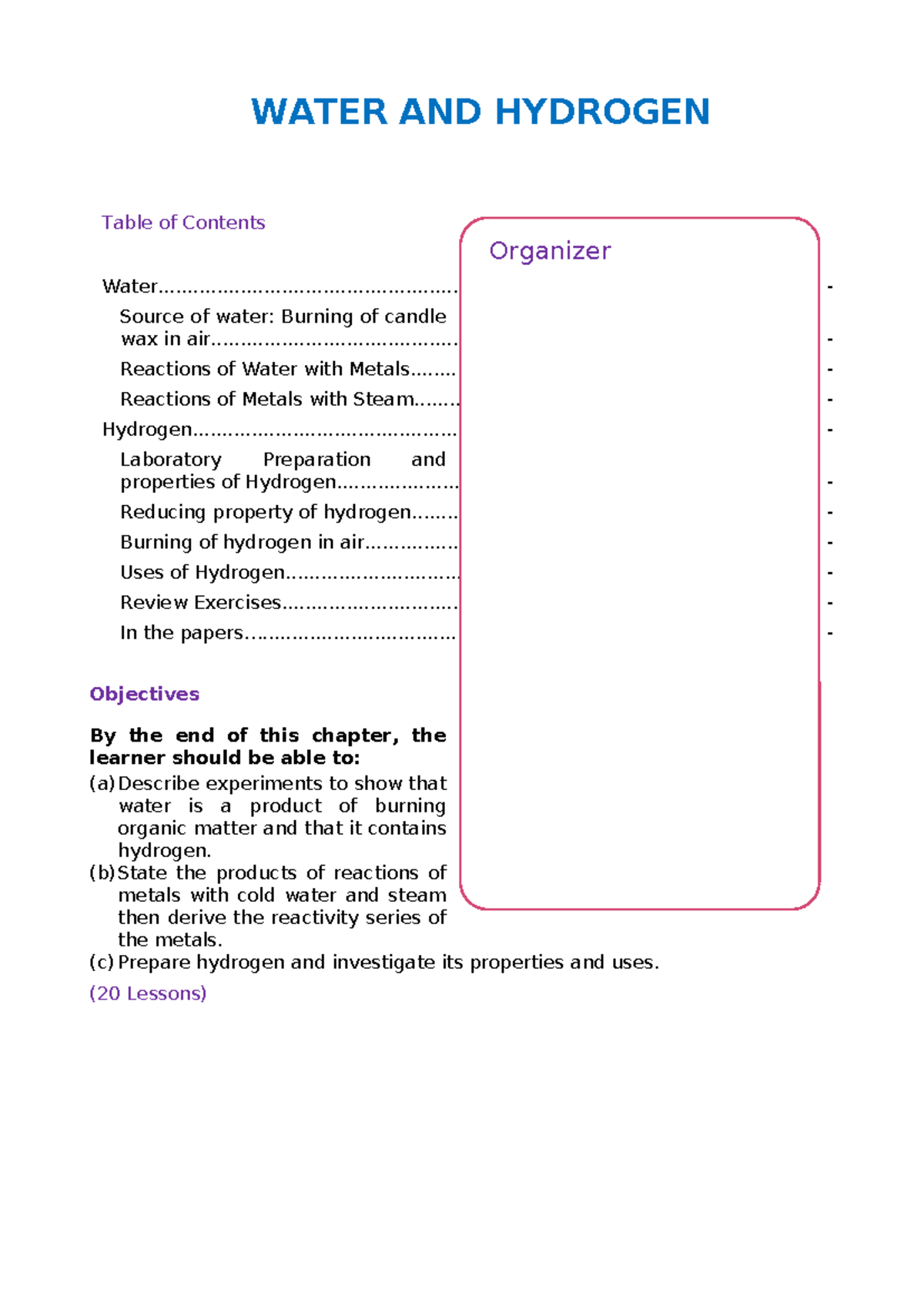 1.5 Water and Hydrogen - notes - WATER AND HYDROGEN Table of Contents ...