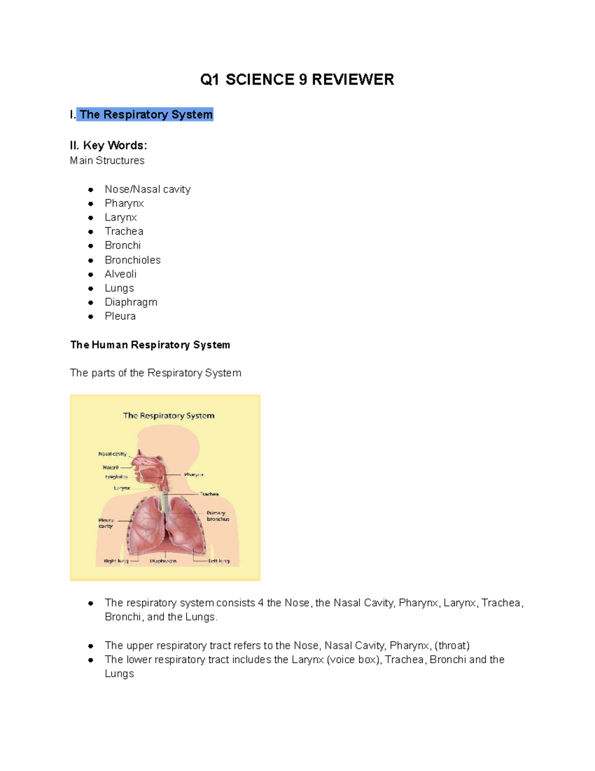 Science 9 Q1 Reviewer: Respiratory, Circulatory & Genetics Systems ...