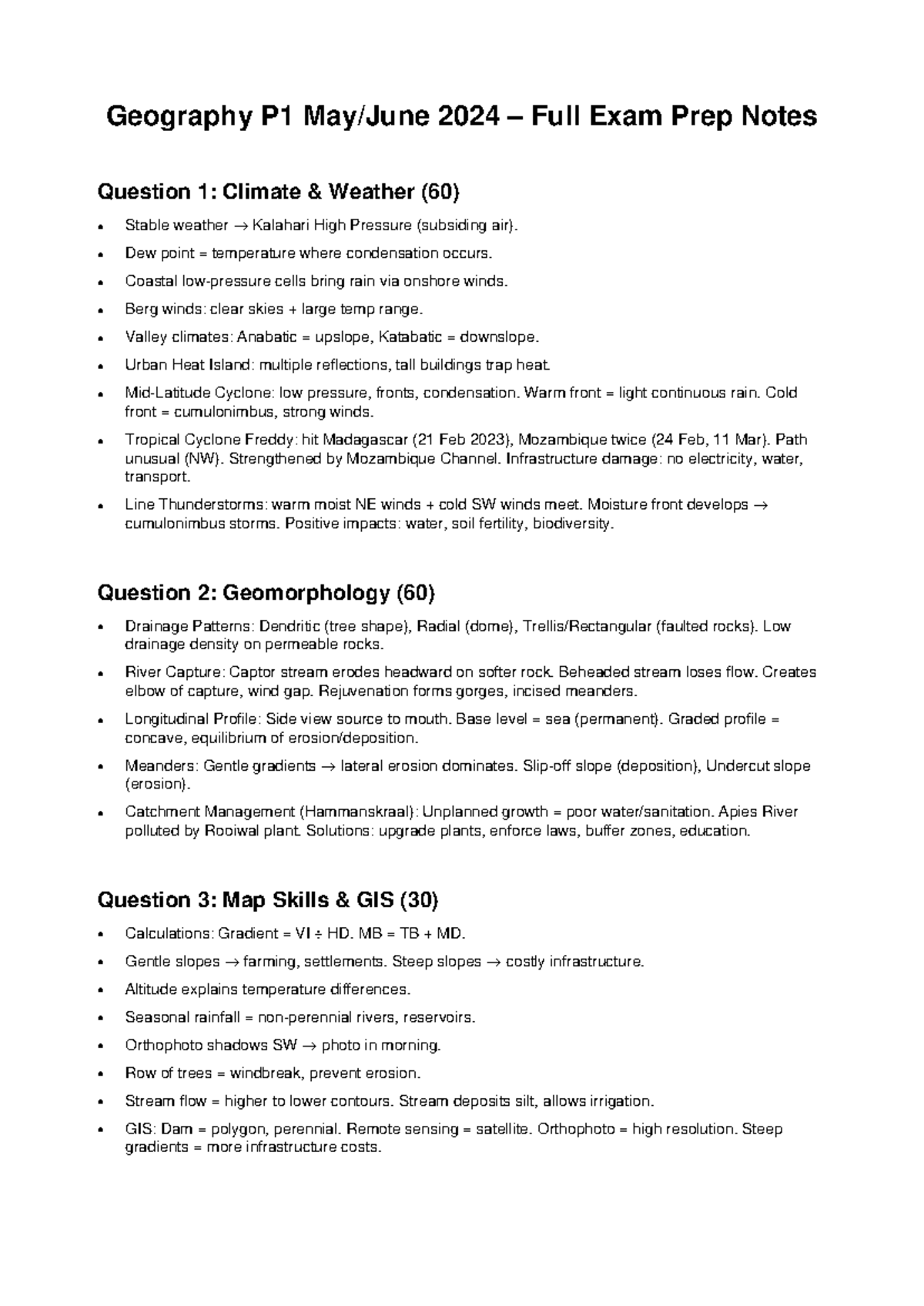 Geography P1 2024 Full Exam Prep Notes: Climate, Geomorphology & GIS ...