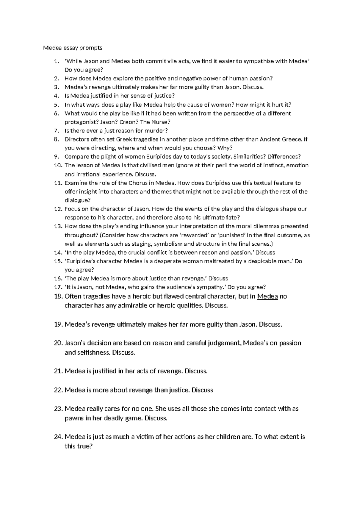 Medea Essay Prompts for Analysis and Discussion (ENG 101) - Studocu