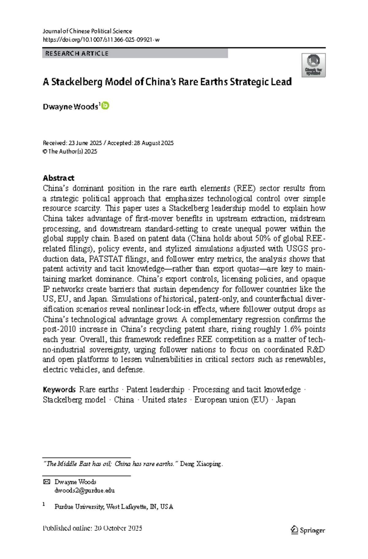 S11366: A Stackelberg Model of China's Strategic Leadership in Rare ...
