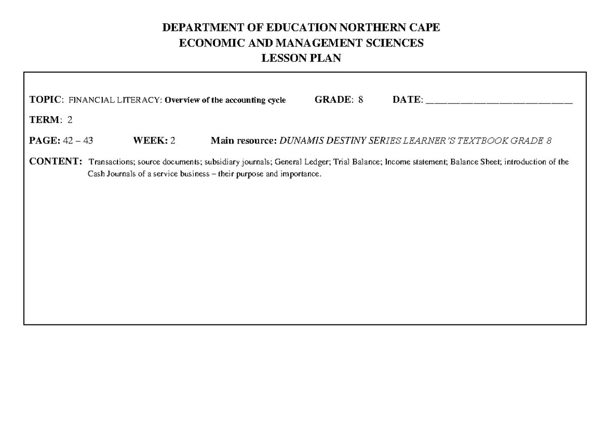 EMS Grade 8 TERM 2 Lesson Plan: Financial Literacy & Entrepreneurship ...