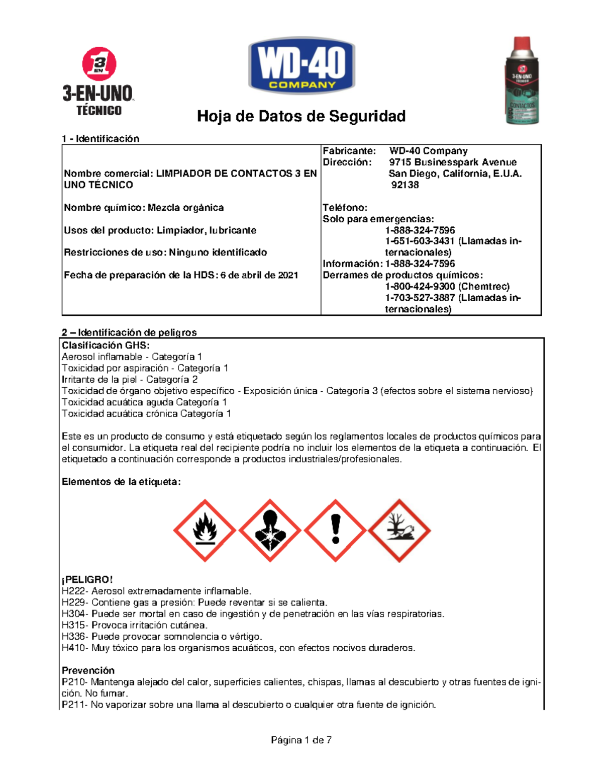 Ficha DE Seguridad Limpiador DE Contactos - 1 - Identificación Nombre ...