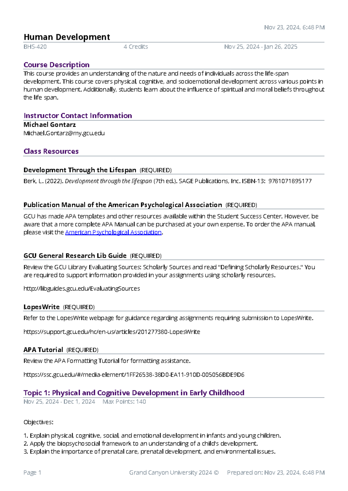 Human Development Syllabus for BHS-420: Fall 2024 Session - Studocu