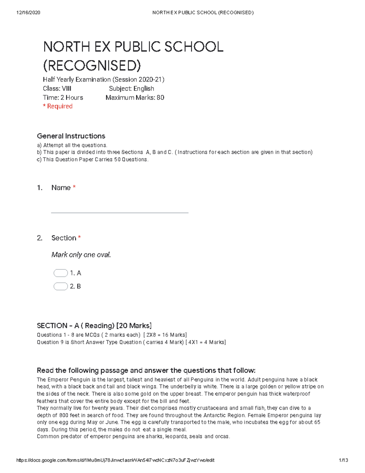 English Half-Yearly Question Paper for Class 8 - Session 2020-21 - Studocu