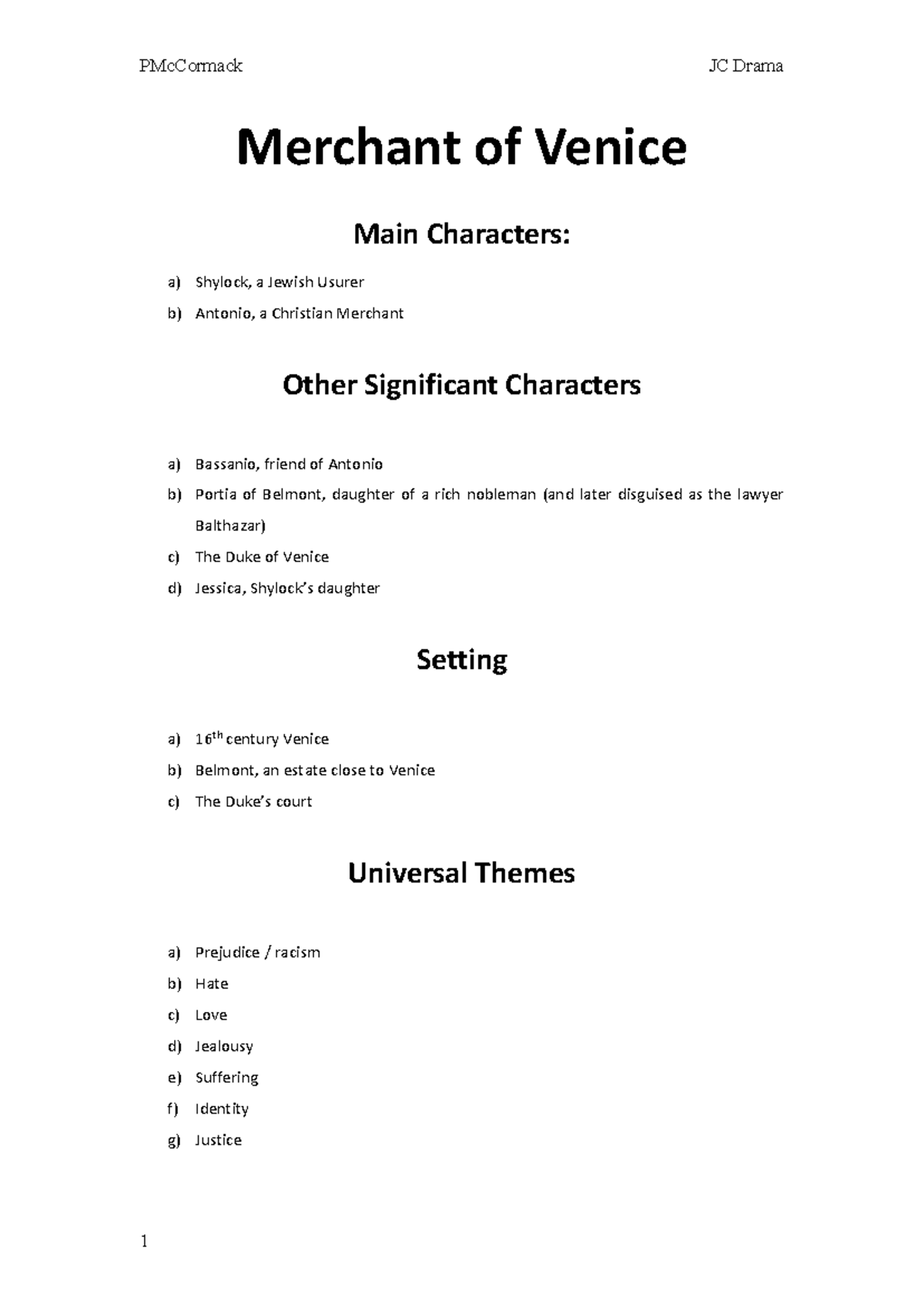 PMcCormack JC Drama: The Merchant of Venice Summary & Key Quotes - Studocu
