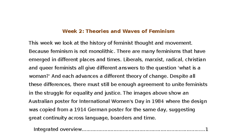 WGS 101: Theories and Waves of Feminism - Week 2 Overview - Studocu