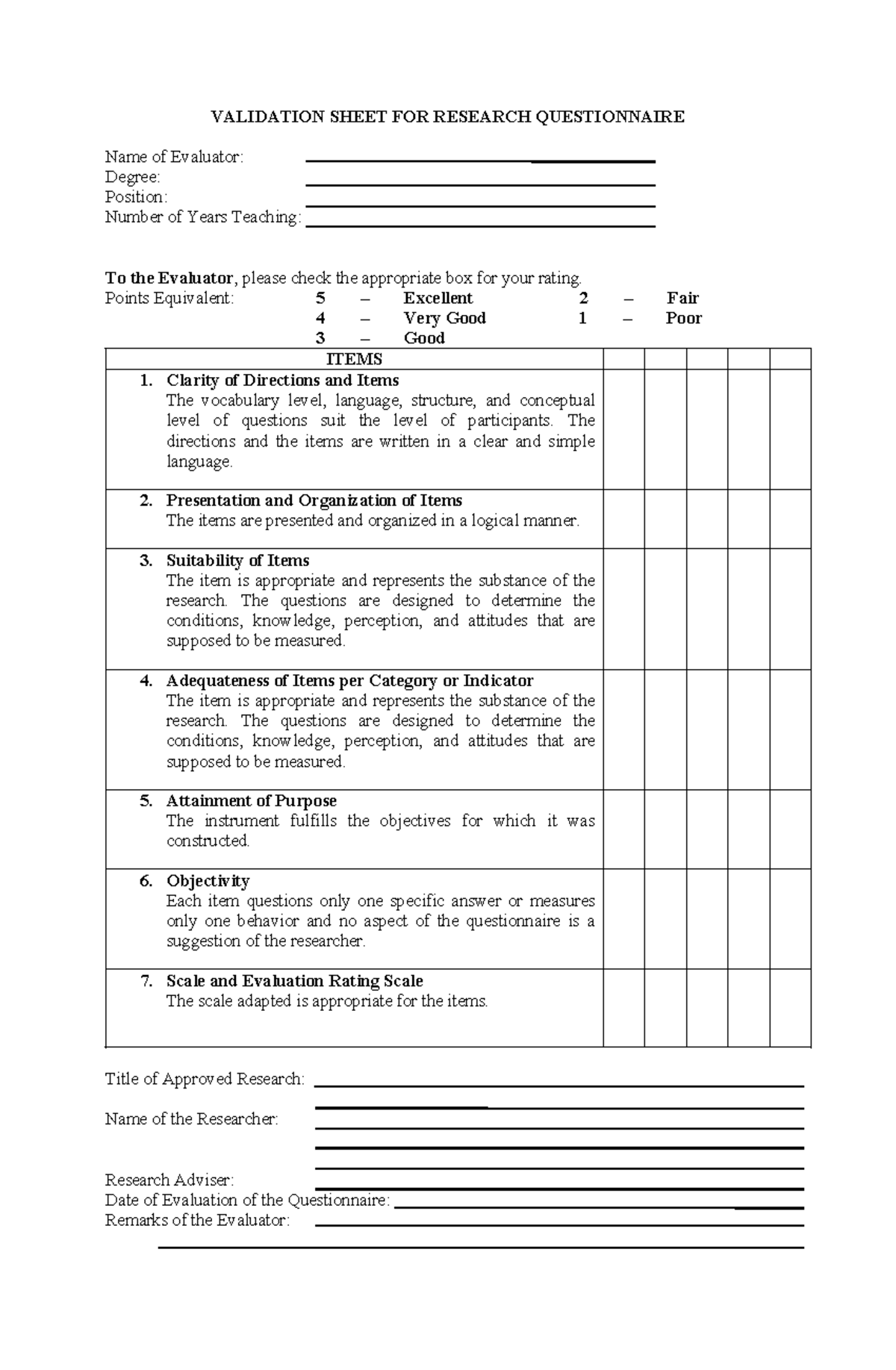 Validation Sheet for Research Questionnaire Evaluation - Studocu