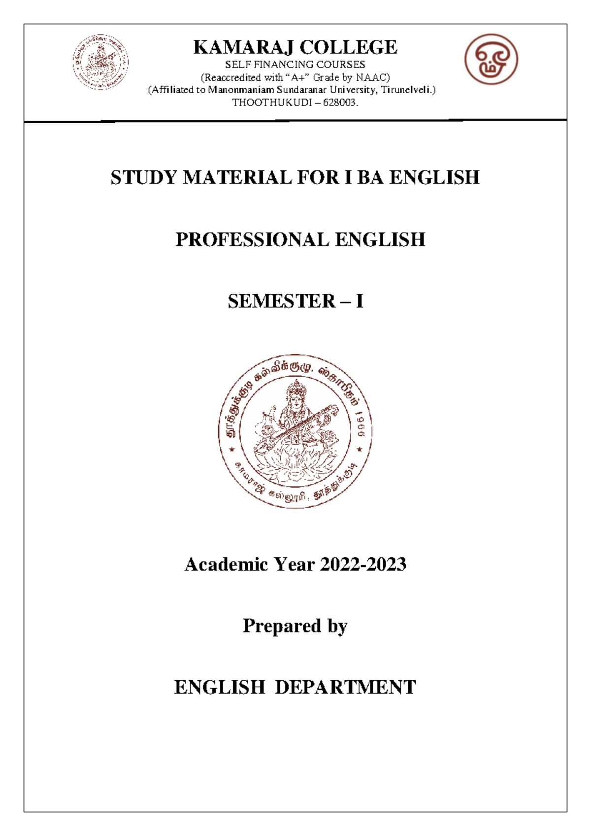 Professional English Study Material for I BA - Semester I - Studocu