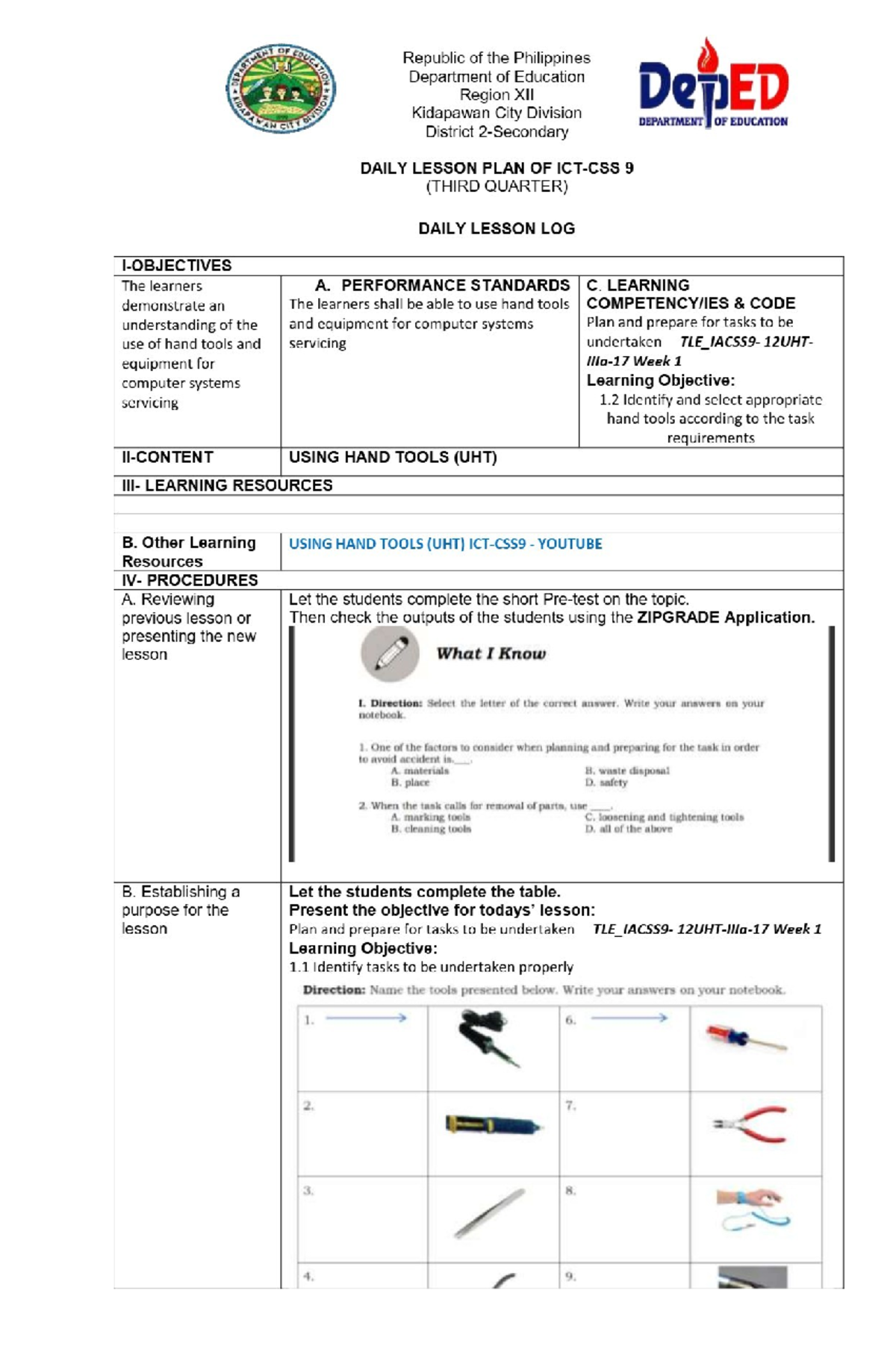 ICT-CSS 9 Daily Lesson Plan Hand Tools for Computer Servicing - OF ...