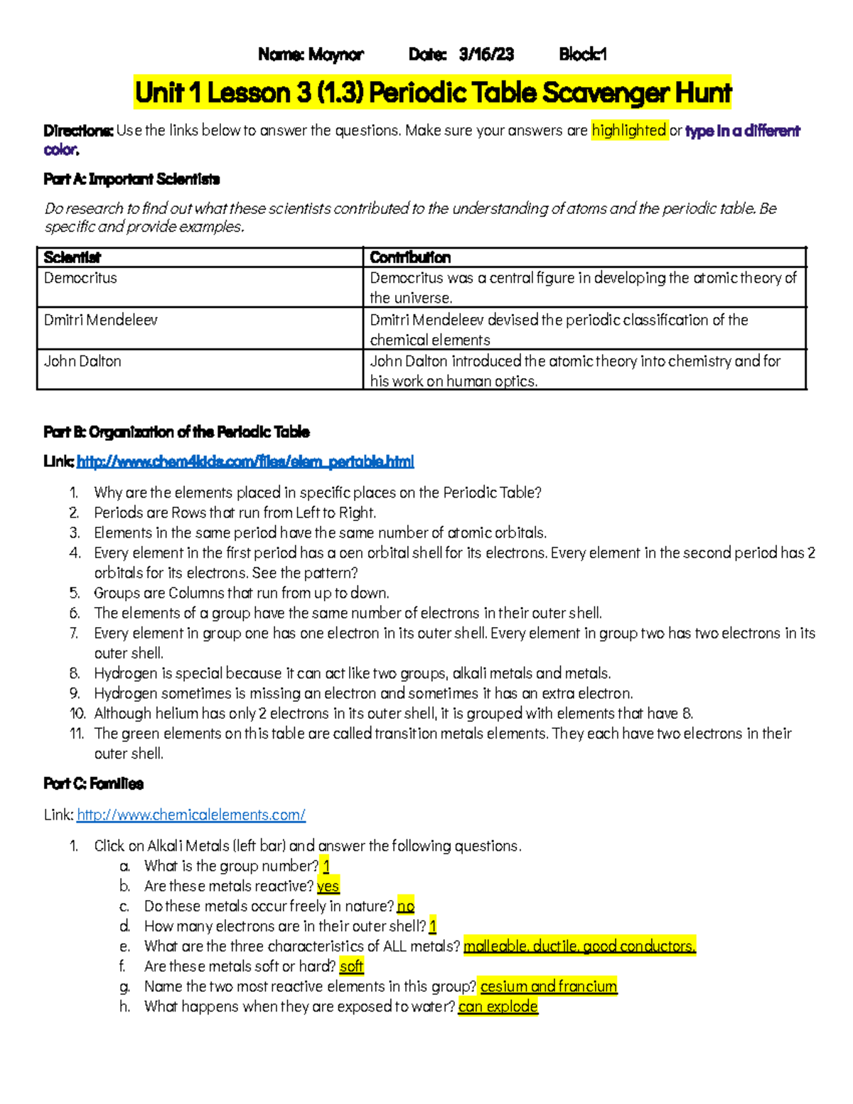 Science Periodic Table Questions