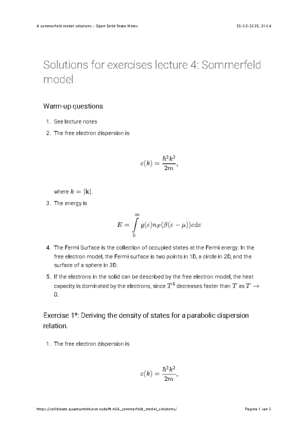 Sommerfeld Model: Lecture 4 Exercise Solutions for Physics 101 ...