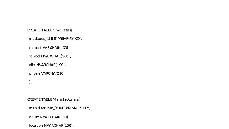 CREATE TABLE SQL Structure for Graduates and Products - Studocu