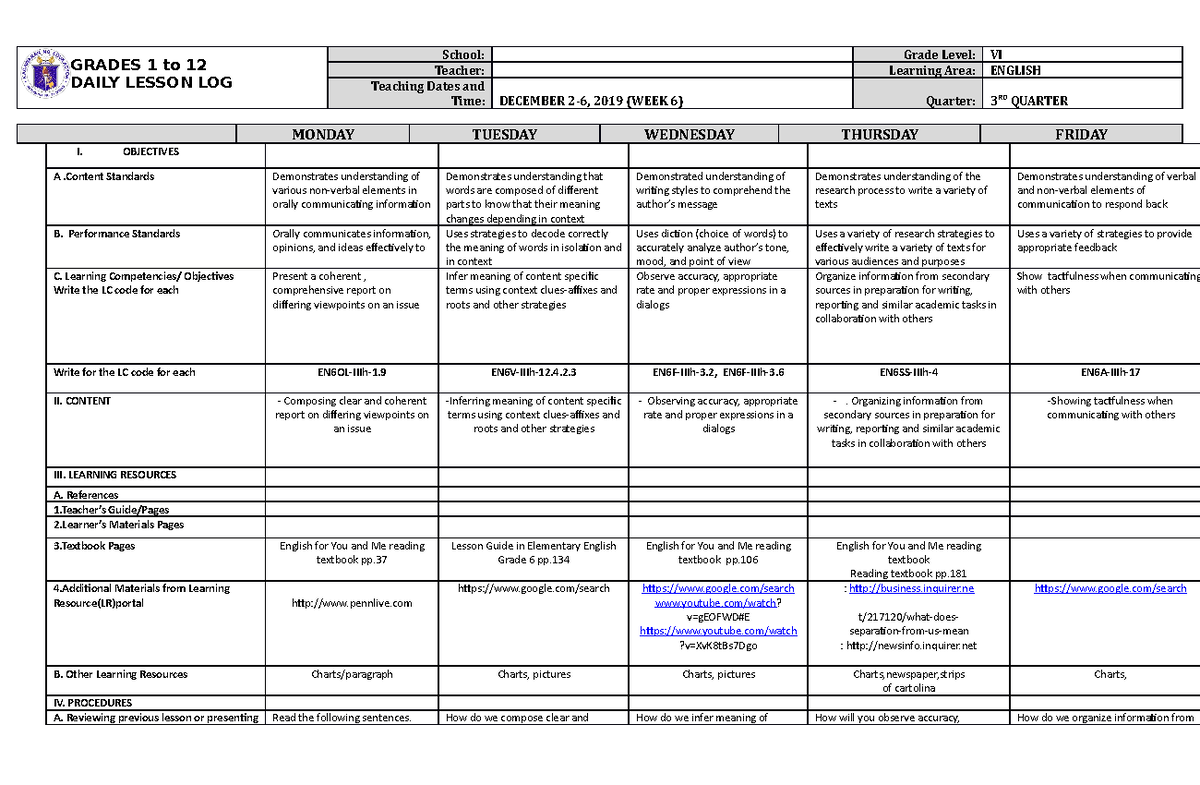 DLL English 6 Q3 W6: Daily Lesson Log and Objectives for Week 6 - Studocu